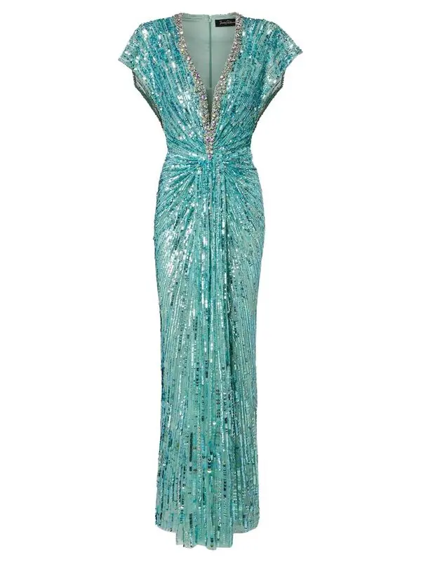 Jenny Packham Lacie Gathered Embellished Gown - Blue