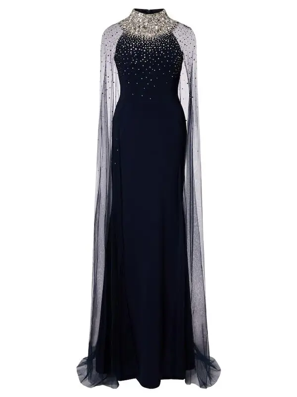 Jenny Packham Zadie Caped Embellished Gown - Blue