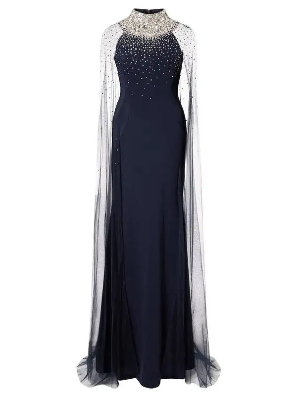 Jenny Packham Zadie Caped Embellished Gown - Blue