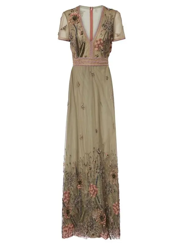 Costarellos Floral Embellished Gown - Green
