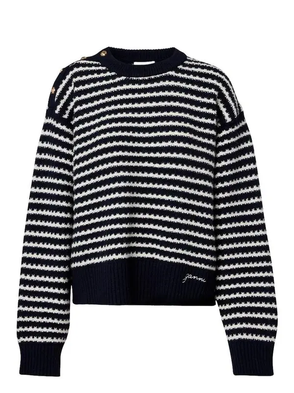 GANNI Striped Wool And Cotton Sweater - Black