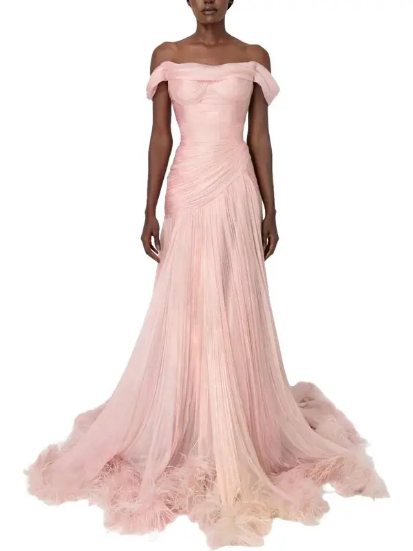IRIS SERBAN Petal Off-shoulder Feathered Maxi Dress - Pink