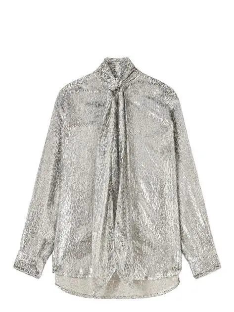 Stella McCartney Metallic Velvet Tie-neck Shirt - Silver