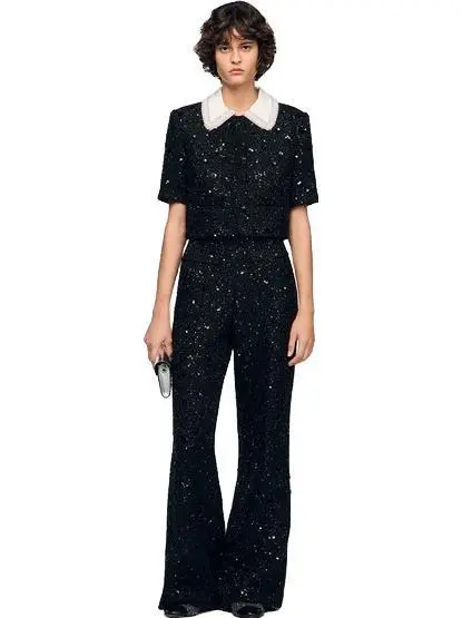 Sandro Embellished Tweed Trousers With Pearls And Sequins - Black