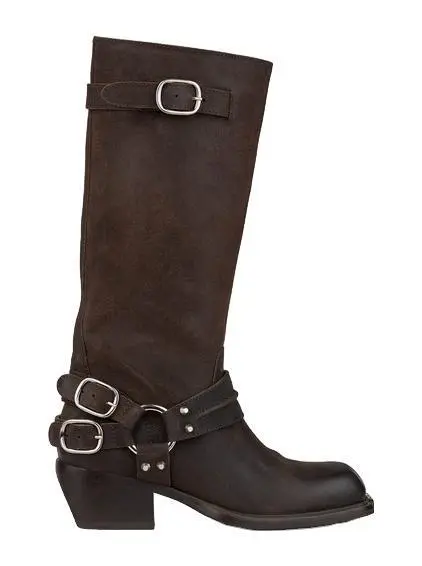 Sandro Leather Biker Boots With Buckles - Natural