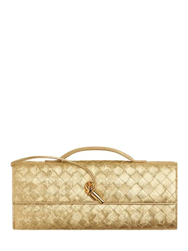 Bottega Veneta Intrecciato Lamina Satin And Leather Andiamo Clutch - Gold