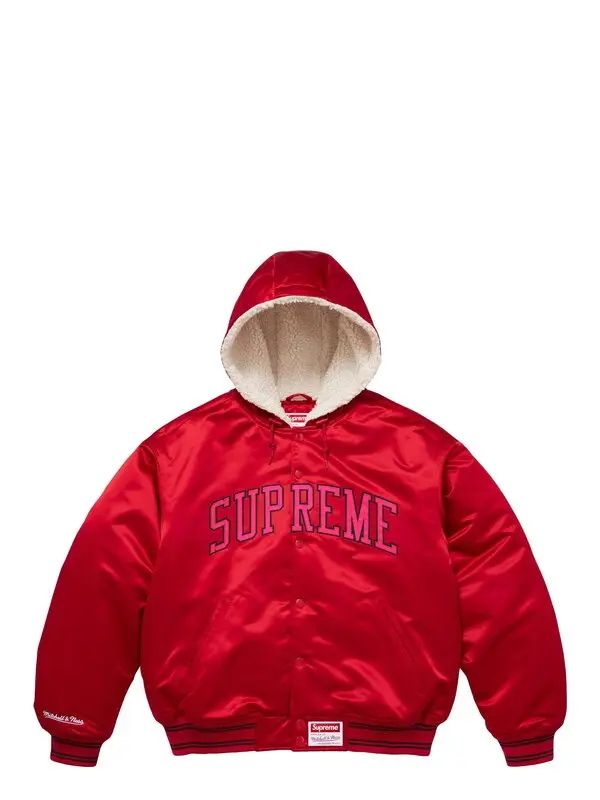 Supreme X Mitchell & Ness Lined Hooded Satin Varsity Jacket - Red