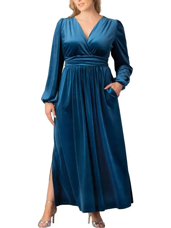 KIYONNA Long Sleeve Velvet Gown - Teal Topaz