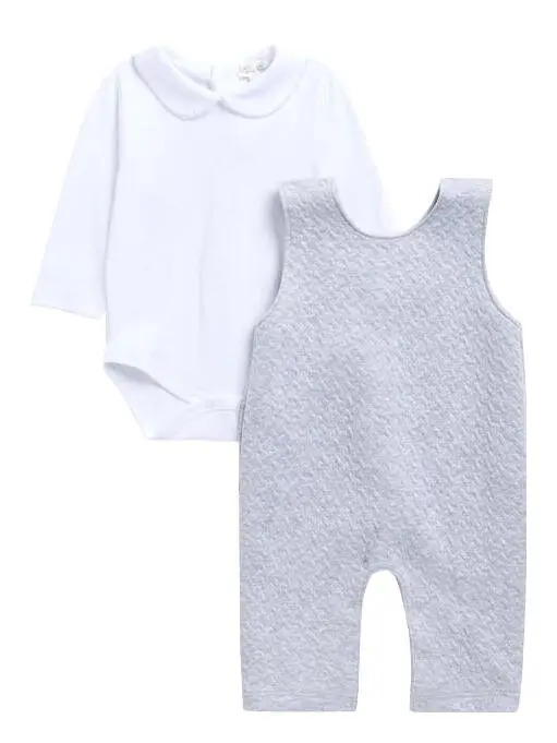 KISSY KISSY Collared Bodysuit & Jacquard Knit Overalls Set - Light Grey