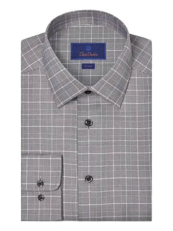 David Donahue Trim Fit Grey Glen Check Cotton Dobby Dress Shirt - Charcoal
