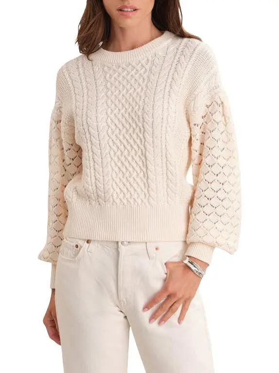 525 America Piper Mixed Stitch Balloon Sleeve Cotton Crewneck Sweater - Sea Salt