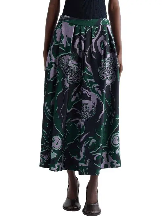 Dries Van Noten Soni Abstract Floral Jacquard Pleated Crepe A-line Midi Skirt - Dark Green
