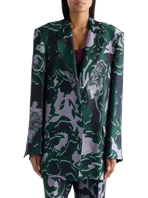 Dries Van Noten Bastis Abstract Floral Jacquard Single Breasted Crepe Blazer - Dark Green