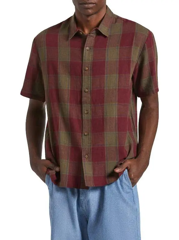 Brixton Cru Plaid Linen & Cotton Button-up Shirt - Olive Surplus/port