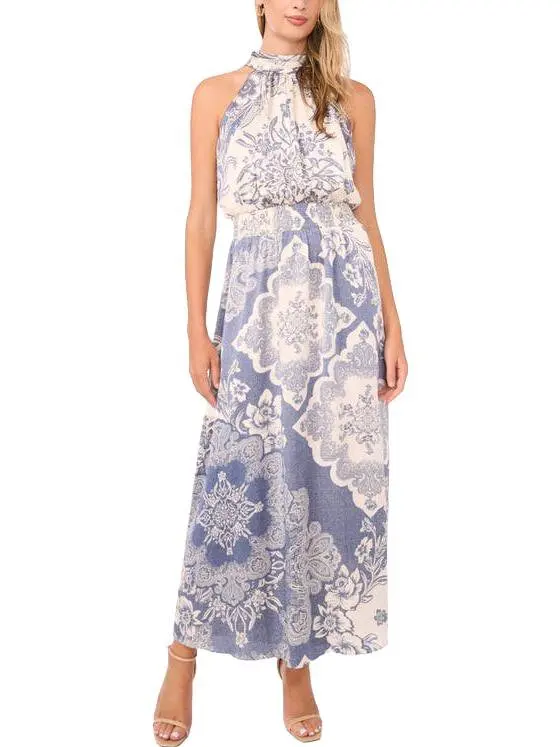 Vince Camuto Printed Smocked Waist Maxi Dress - Denim
