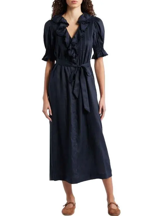 DÔEN Harriette Ruffle Pintuck Puff Sleeve Midi Dress - Night Sky