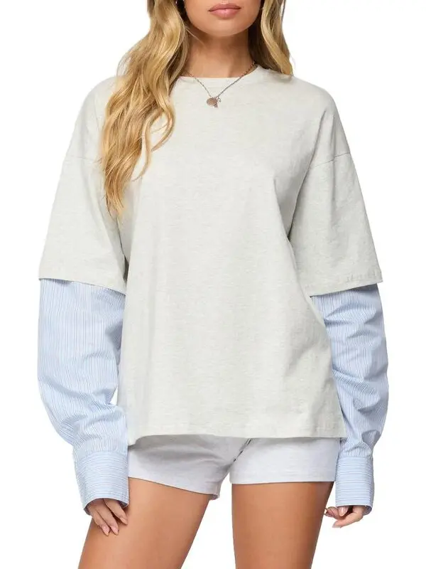 EDIKTED Oversized Layered Top - Light-gray-melange