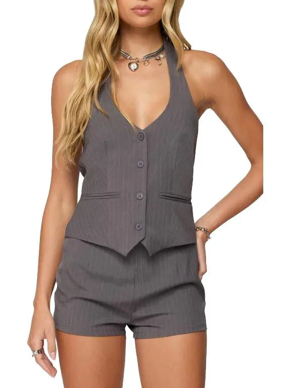 EDIKTED Riya Pinstripe Halter Vest - Gray