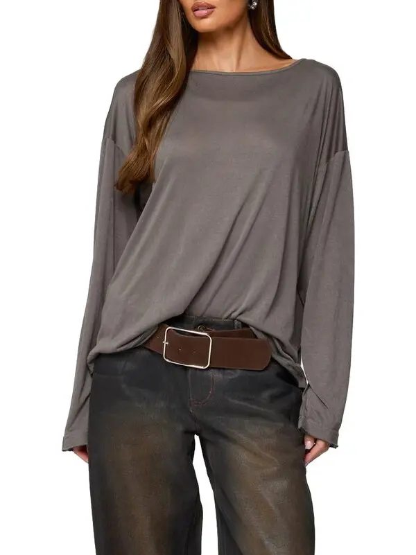 EDIKTED Oversized Semisheer Boat Neck Top - Gray