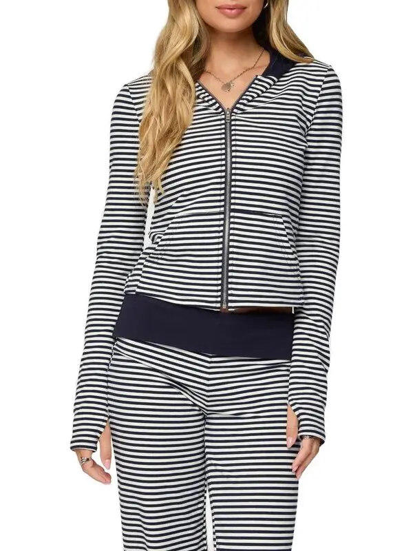 EDIKTED Colorblock Stripe Zip Hoodie - Navy-and-white