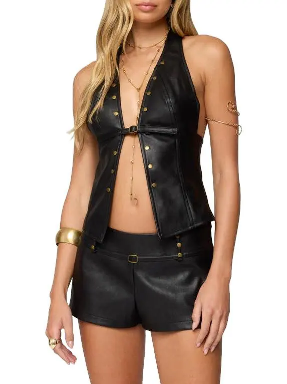 EDIKTED Studded Faux Leather Halter Top - Black