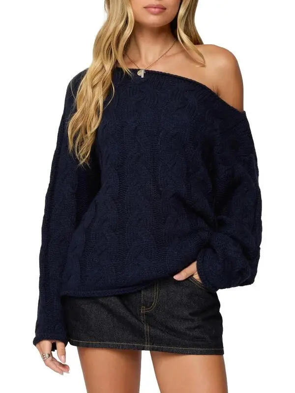 EDIKTED Cable Stitch One-shoulder Sweater - Navy