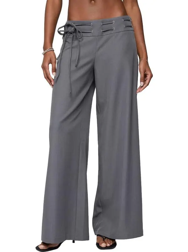 EDIKTED Baggy Belted Lace-up Pants - Dark-gray