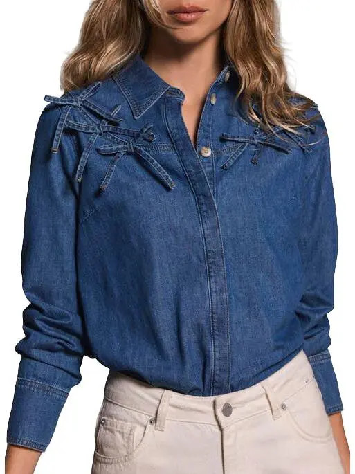 Mint Velvet Bow Detail Denim Shirt - Blue