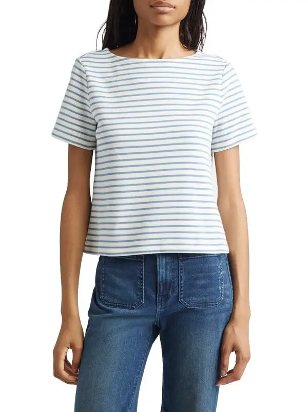 Veronica Beard Hovey Stripe Boat Neck T-shirt - Dove Lake Mist