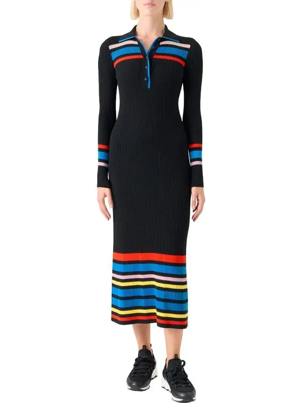 Akris Stripe Rib Virgin Wool Polo Sweater Dress - Black-multicolor