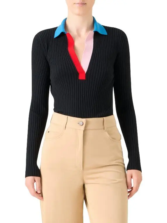 Akris Contrast Collar Virgin Wool Polo Sweater - Black-multi