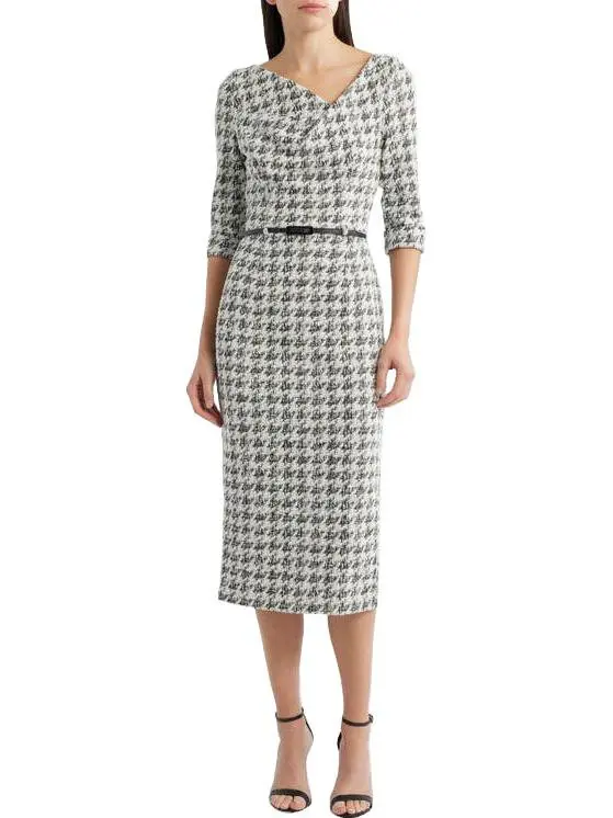 Black Halo Jackie Houndstooth Cowl Neck Tweed Midi Dress - Classic Luxe