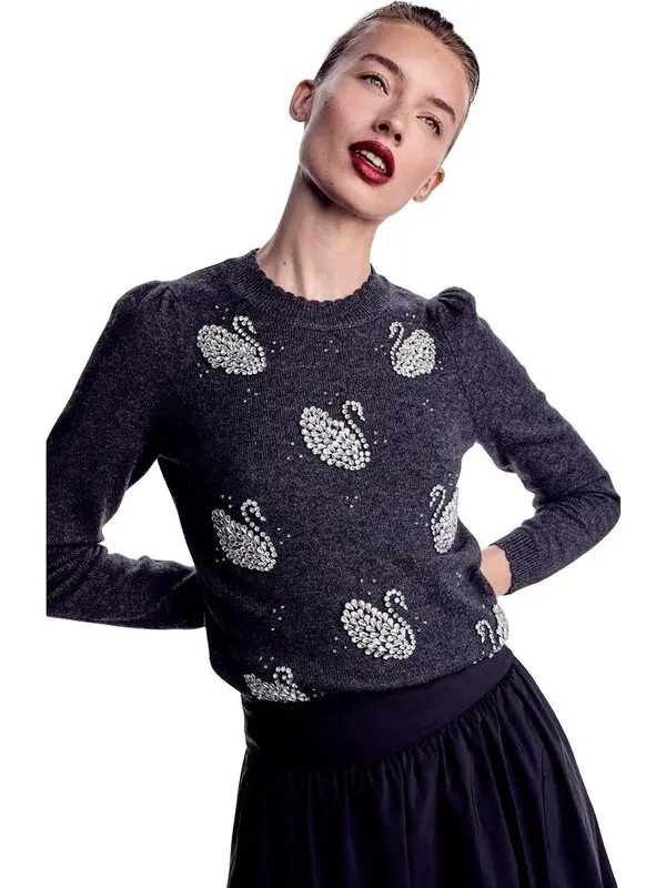 Boden Embellished Swan Sweater - Charcoal Melange Swans
