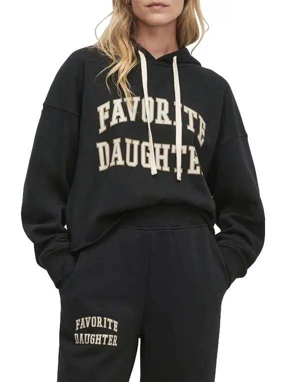 FAVORITE DAUGHTER The Cropped Collegiate Cotton Blend Hoodie - Black/stone