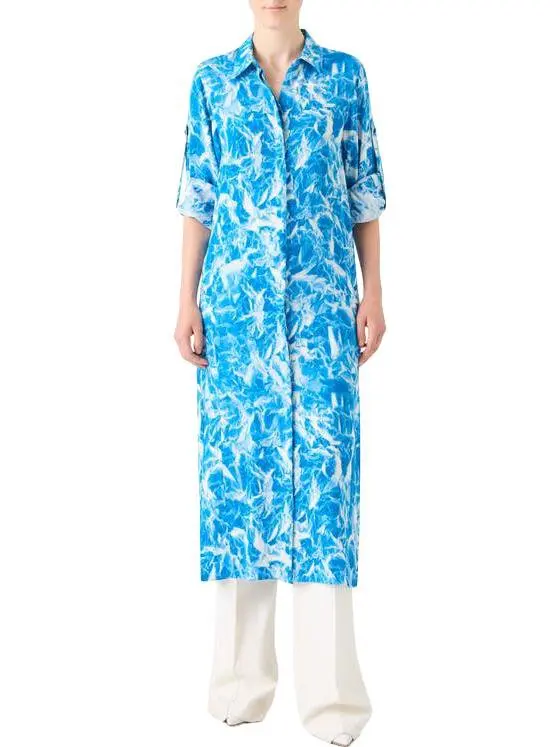 Akris Long Sleeve Silk Shirt Dress - Twilight/ecru
