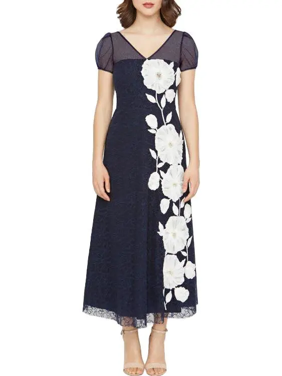 KAY UNGER Layla Floral Appliqué Embroidered Mesh Midi Dress - Deep Navy