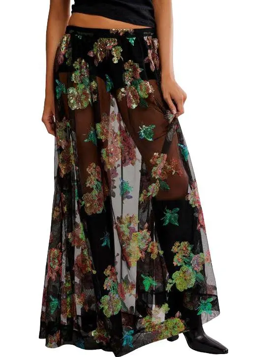 Free People Fioritura Sequin Floral Maxi Skirt - Black