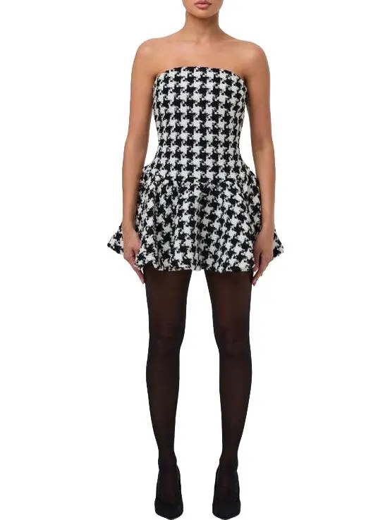 Naked Wardrobe Houndstooth Check Tweed Strapless Minidress - Houndstooth Black/white