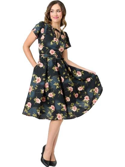 Unique Vintage Floral Swing Dress - Black