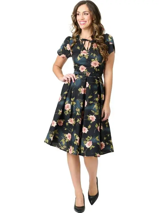 Unique Vintage Floral Swing Dress - Black