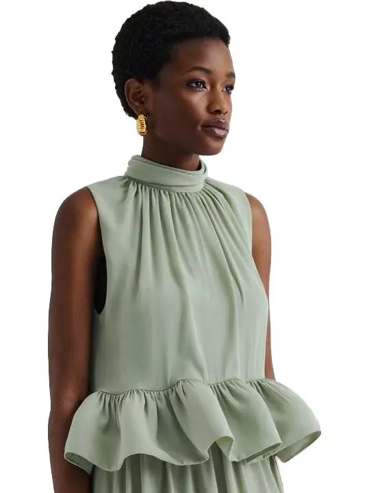 MALINA Lune Halterneck Frilled Hem Blouse - Sage