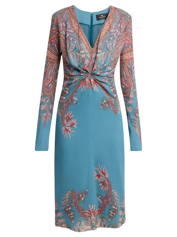 Etro Floral Paisley Ruched Cady Dress - Print On Blue Base