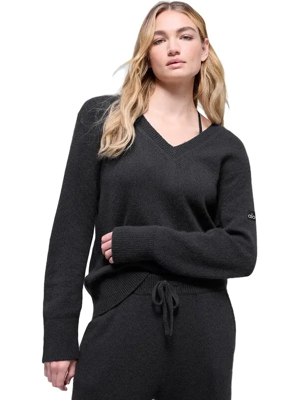 Alo Yoga Wool Cashmere Oversized V-neck Sweater Top - Black