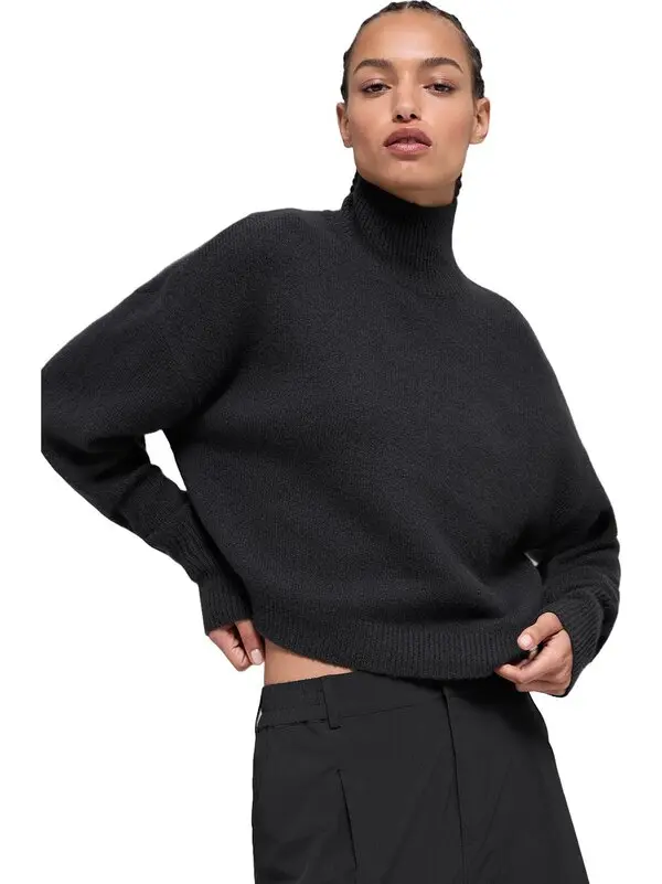 Alo Yoga Wool Cashmere Cropped Turtleneck Sweater Top - Black