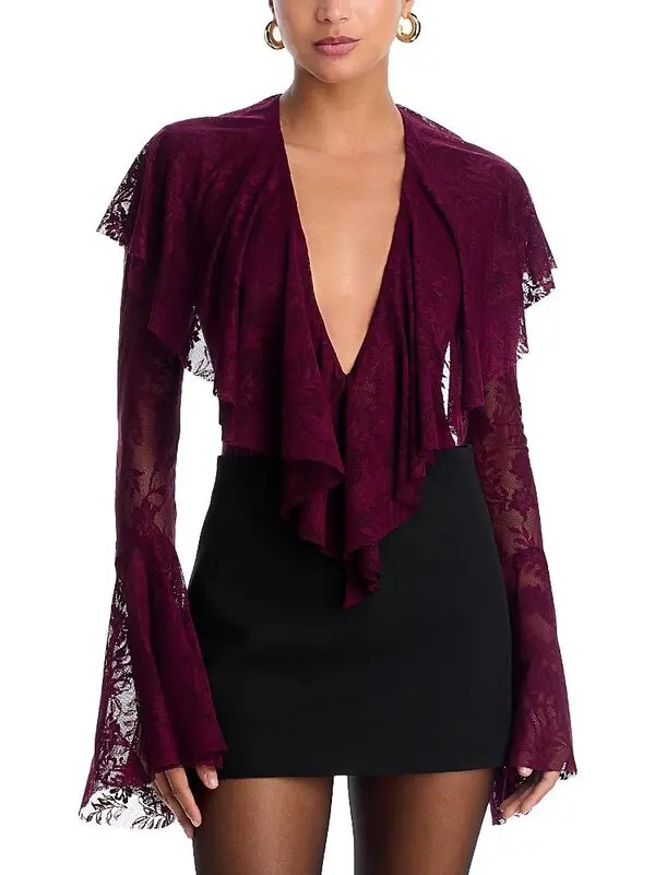 Norma Kamali Long Sleeve Deep V Ruffle Bodysuit - Plum