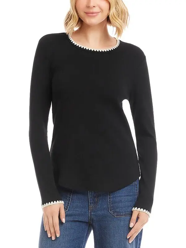 Karen Kane Long Sleeve Edge Stitch Crewneck Top - Black