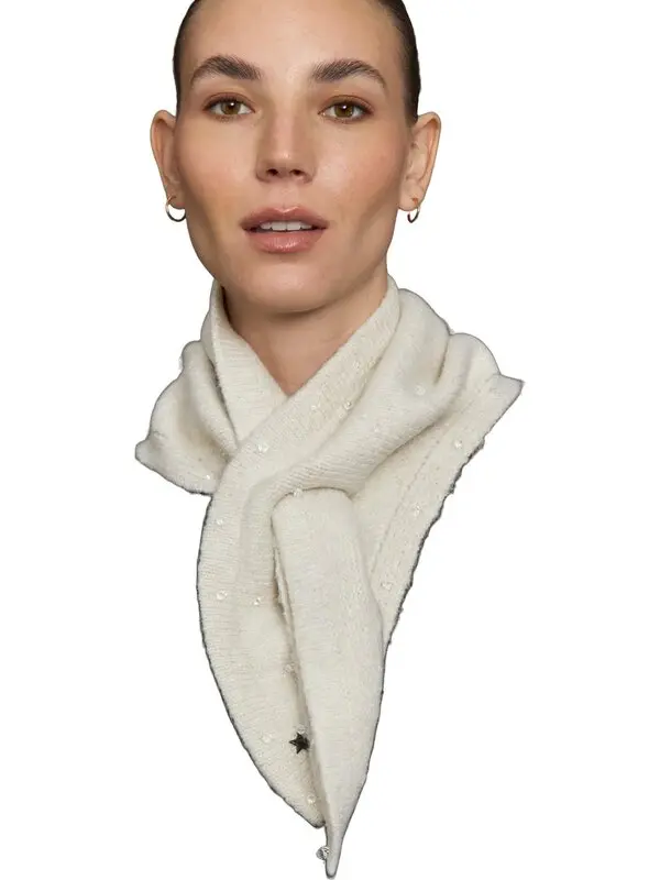 Jocelyn Knit Triangle Pull Thru Scarf With Hand Sewn Beads - Ivory