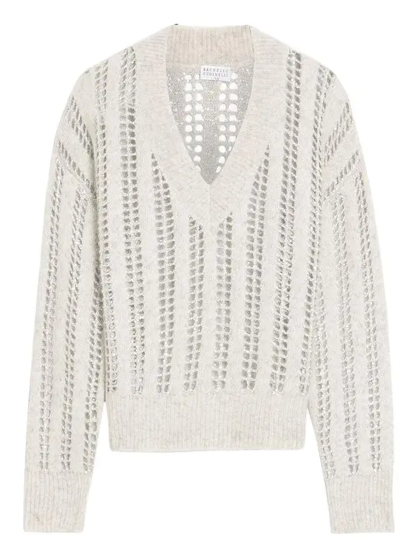 Brunello Cucinelli Sequin-embellished Open-knit Sweater - Light Gray