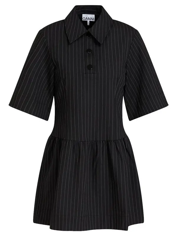 GANNI Pinstriped Twill Mini Shirt Dress - Black