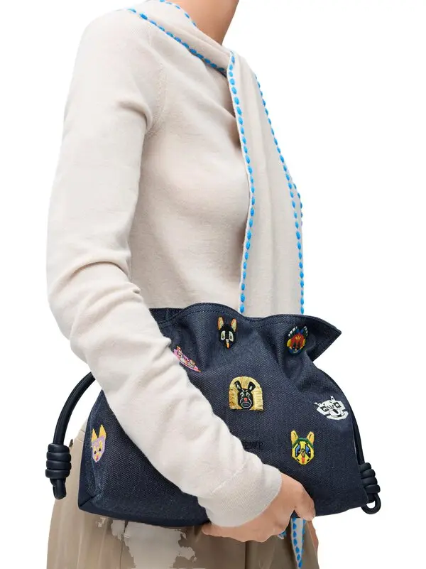 Loewe Medium Flamenco Clutch In Embroidered Denim - Blue
